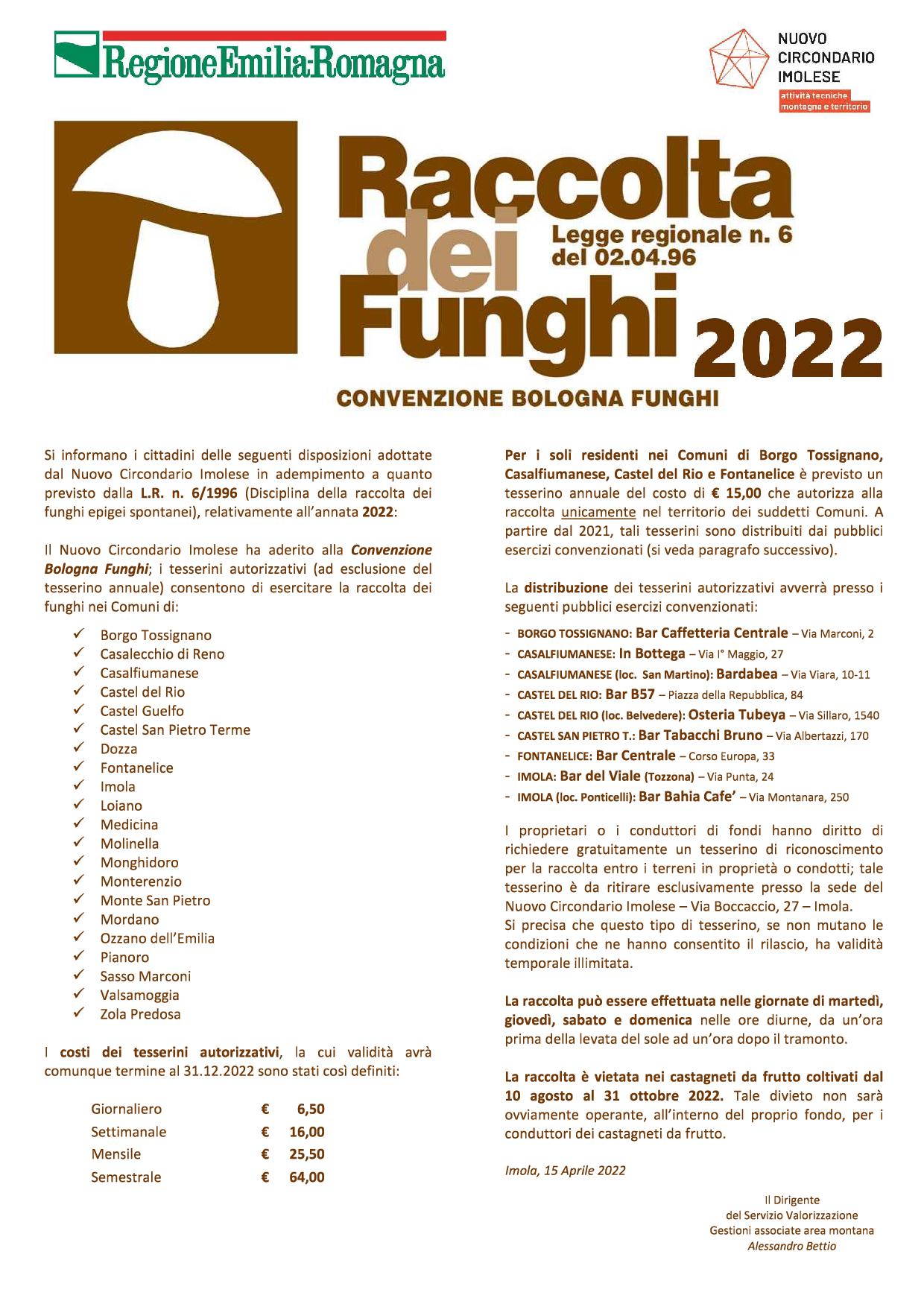 Tesserino raccolta funghi anno 2022 - Comune di Castel del Rio
